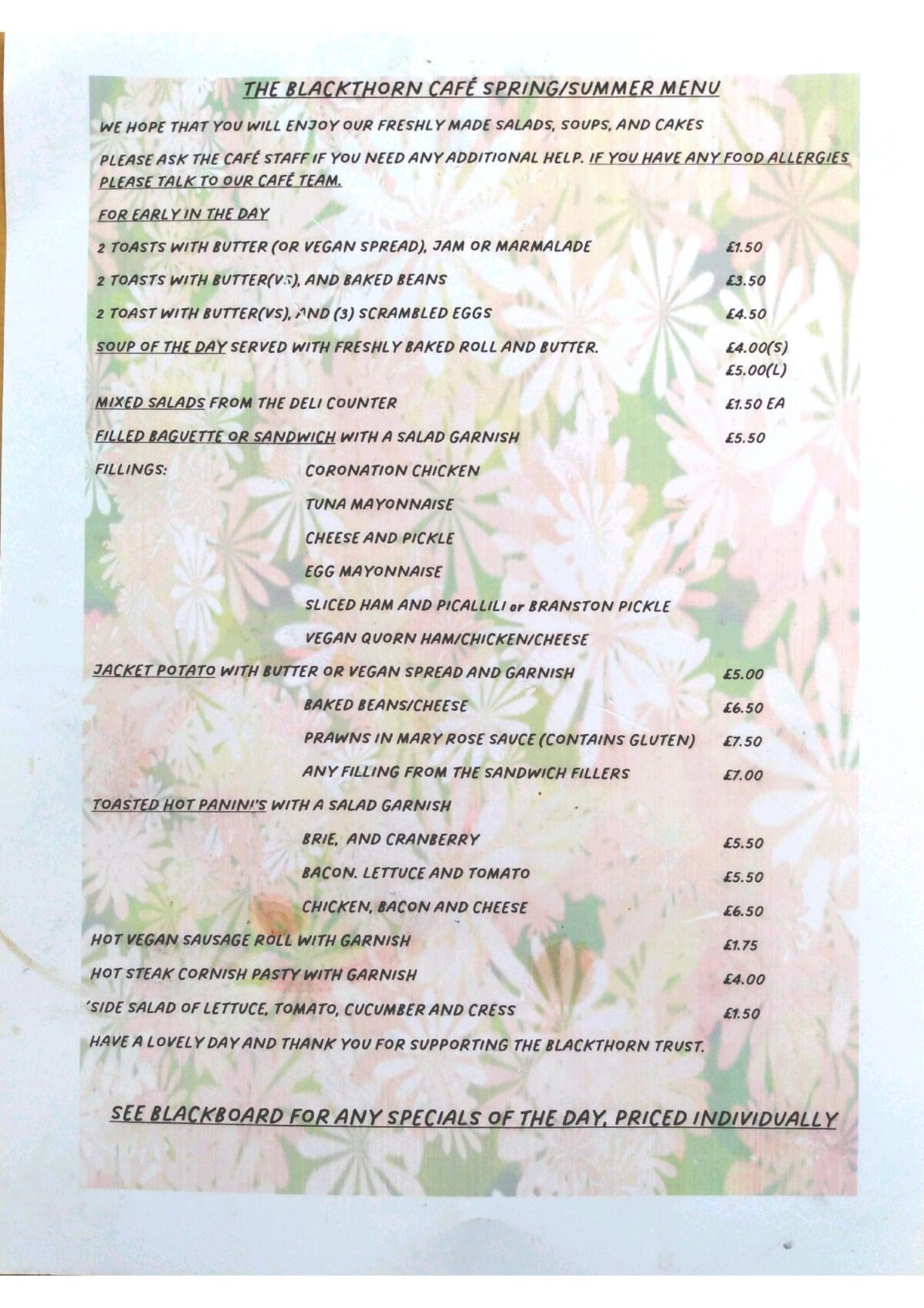 Cafe menu spring-summer 2023 - Blackthorn Trust